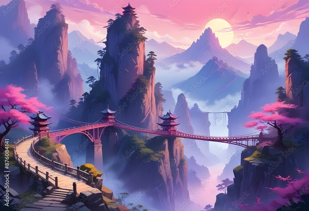 amine painting, A fantasy landscape with a suspension bridge connecting ...