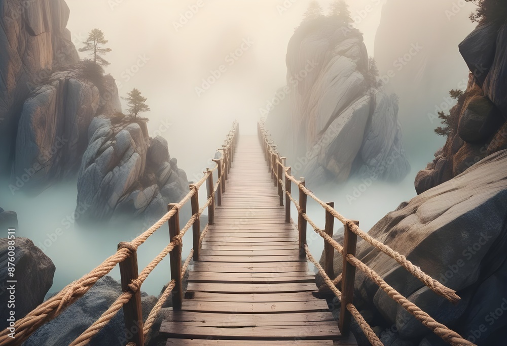 Isolated wood and ropes bridges in the mist between rocks in the ...