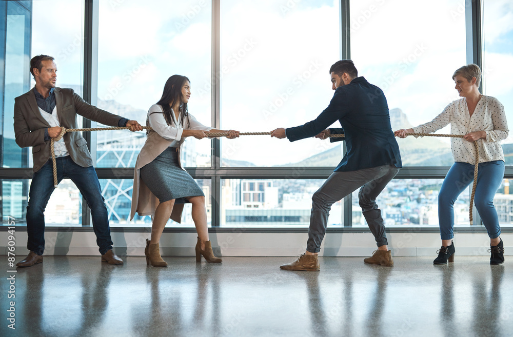 Business people, rope and pulling in office for challenge with tug of ...