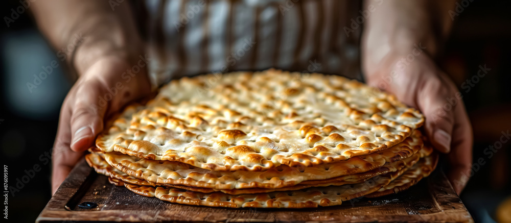 hands of cook serving a Matzo or unleavened bread, a traditional Jewish ...