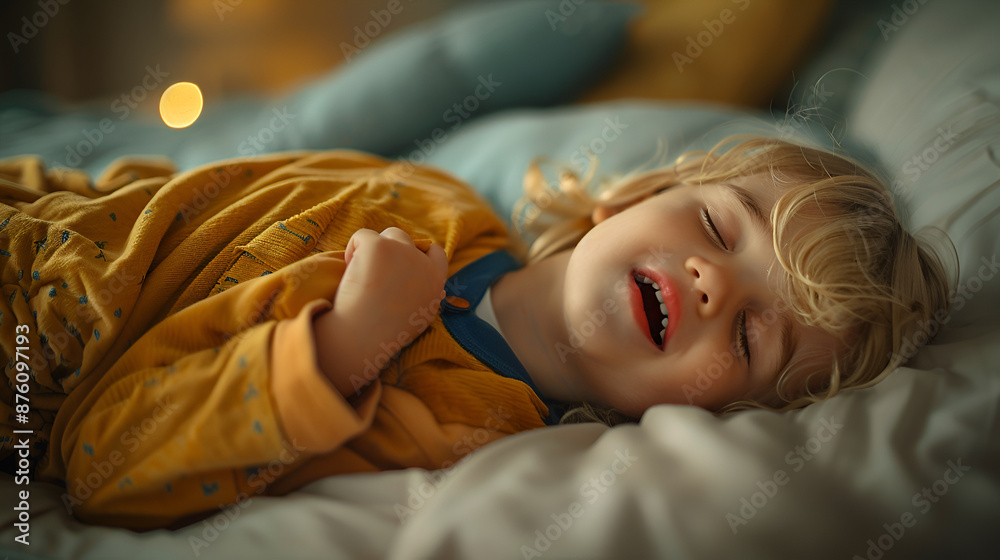 Funny face expression with open mouth of blonde caucasian three years ...