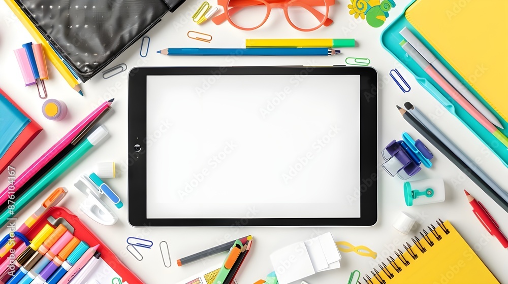 Digital tablet with a white background, a frame of vibrant school ...