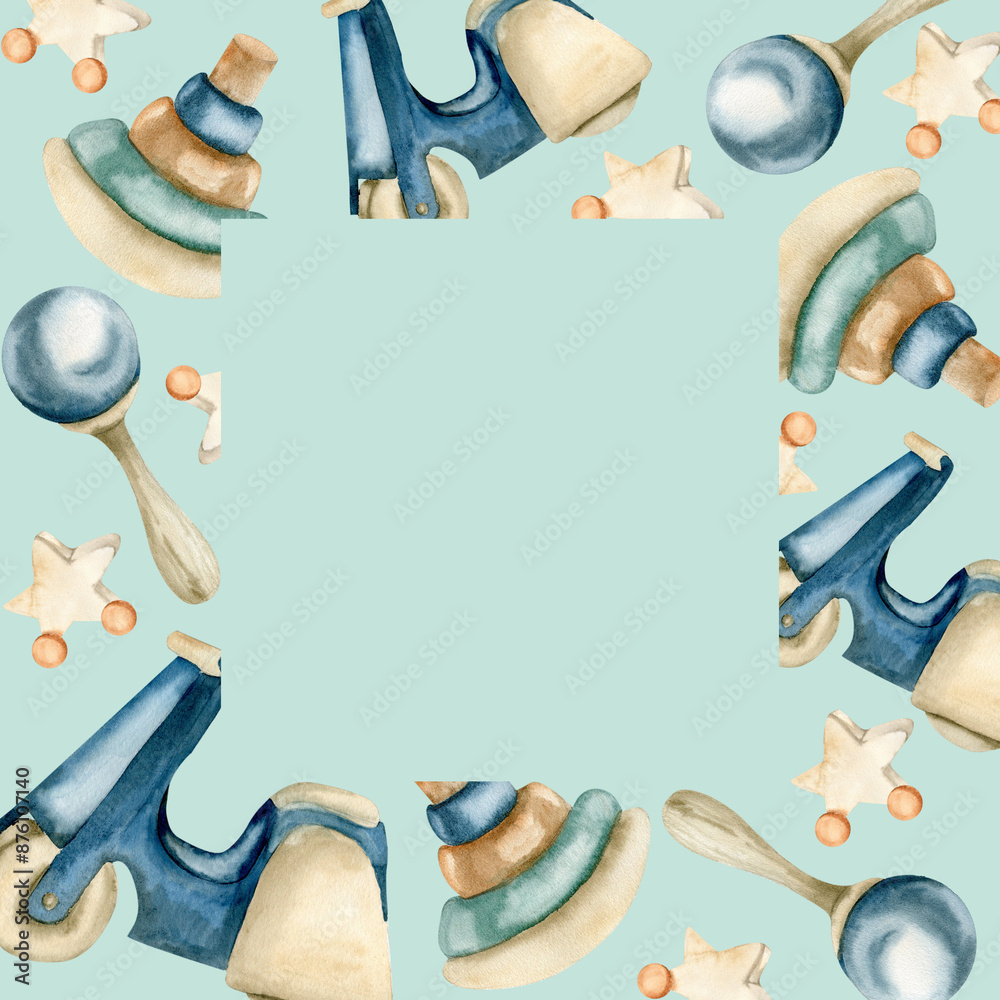 Watercolor kid's wooden toy square frame with blue scooter, rattle ...