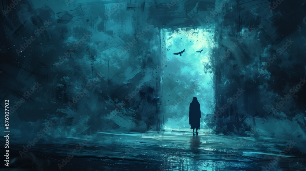 a lone figure standing before an immense, glowing portal amidst a dark ...