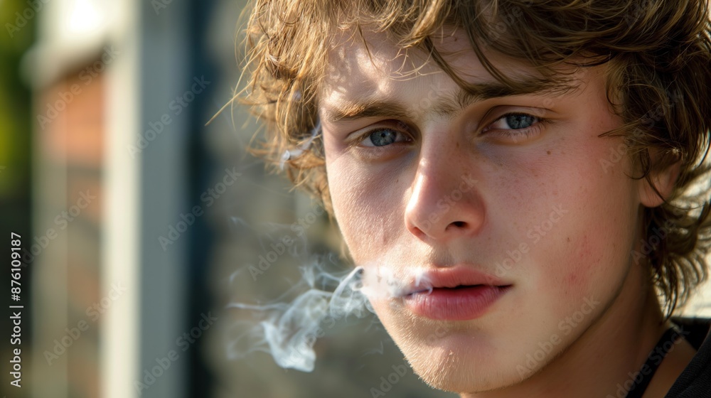 Young man smoking a cigarette, highlighting the dangers of smoking and ...