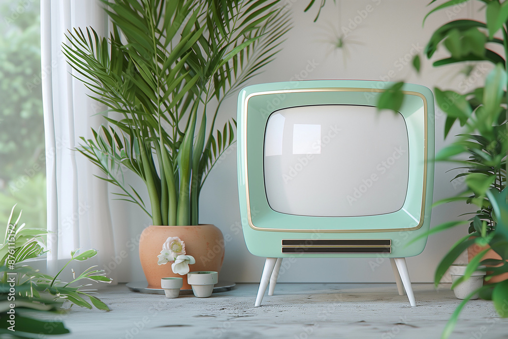 Retro square blue white television mockup blank empty screen midcentury ...