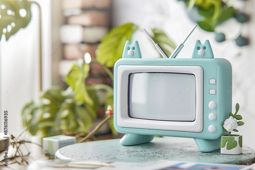 Cute plastic mini television blue kawaii tv set monitor blank template ...