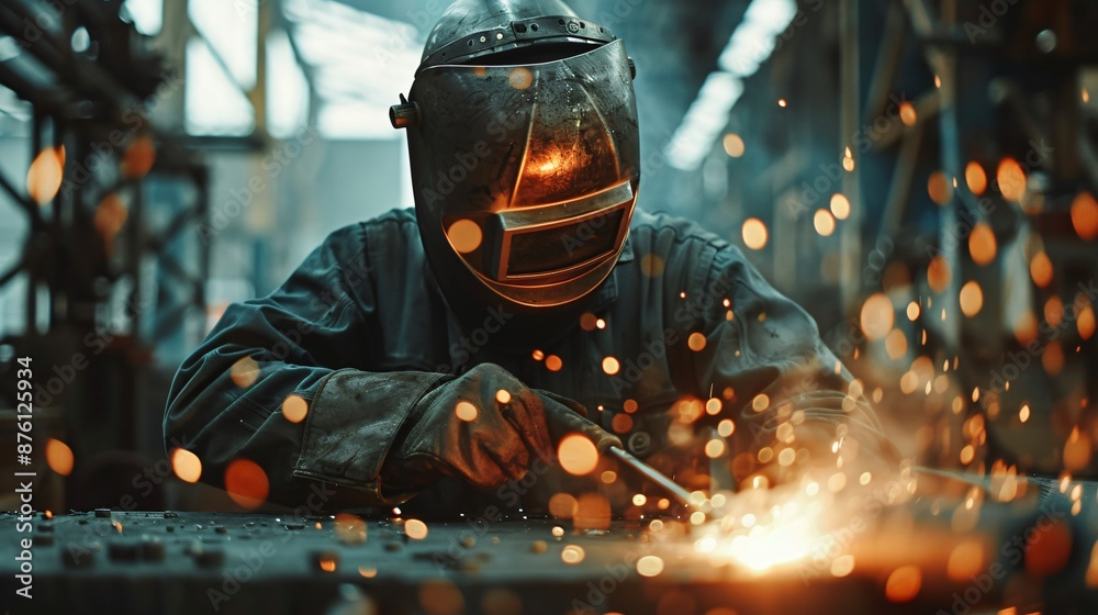 Welder in factory, working with sparks flying, welding metal. Man in ...