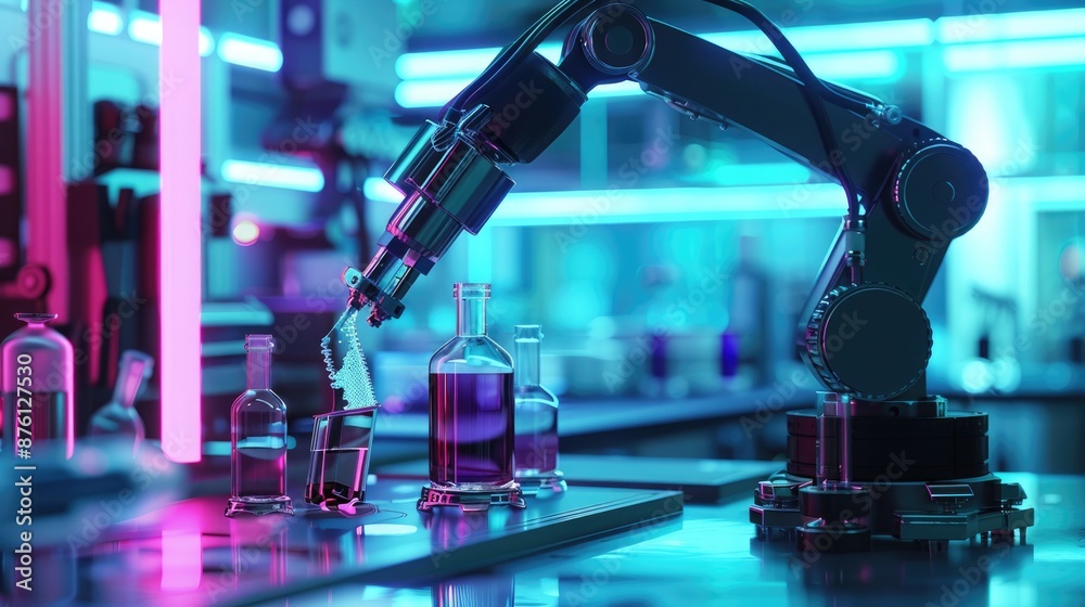 Robotic Arm Creating A Real Time Visual Representation Of Automation Statistics In A Futuristic