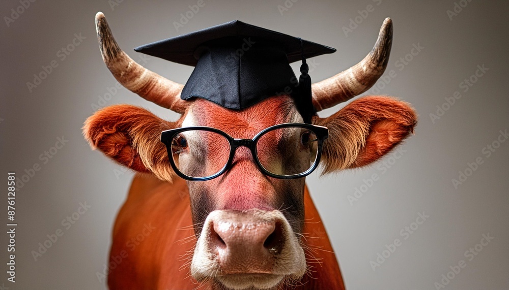 cow with graduation hat wearing glasses with pastel gray background ...