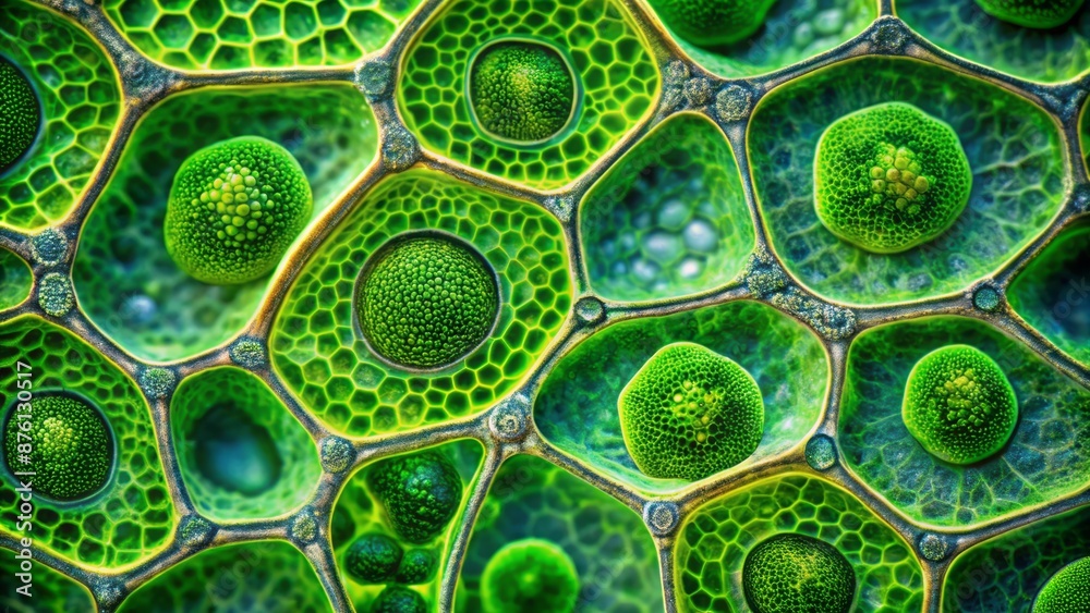 Vibrant green plant cells with prominent nuclei and cellulose walls ...
