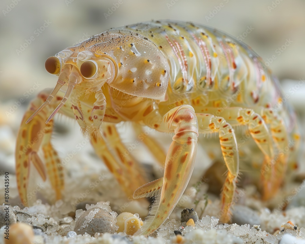 Extreme Close-up Macro Shot of Detailed Sand Flea Crawling on Beach ...
