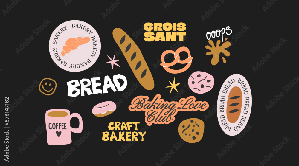 Stickers of bakery and coffee shops. Minimalistic labels fresh pastries ...
