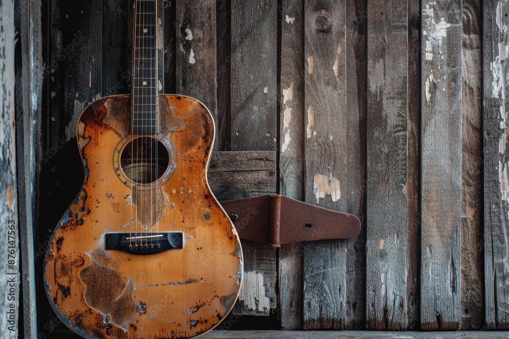 Antique Acoustic Guitar Against Weathered Barn Door - Rustic Music ...