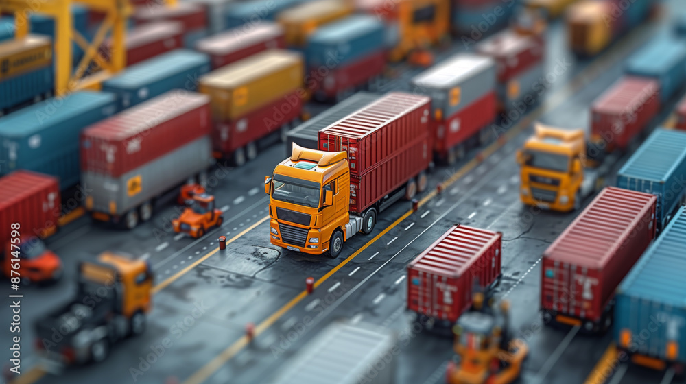 Busy Container Yard with Trucks. Aerial view of a busy container yard ...