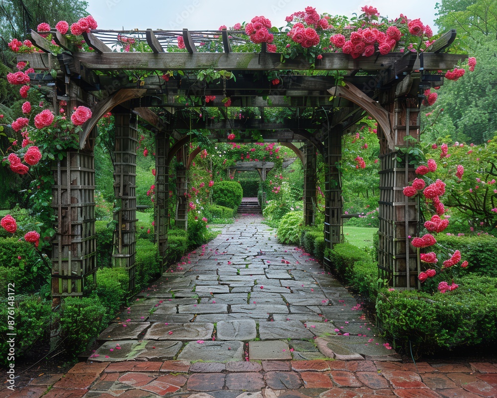 Enchanting English Garden: Rose-covered Arbor, Manicured Hedges, and ...