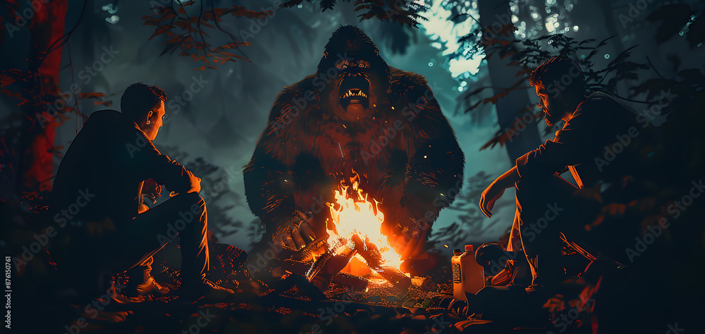 Young men sitting around the campfire with a bigfoot monster watching from the deep dark woods ...
