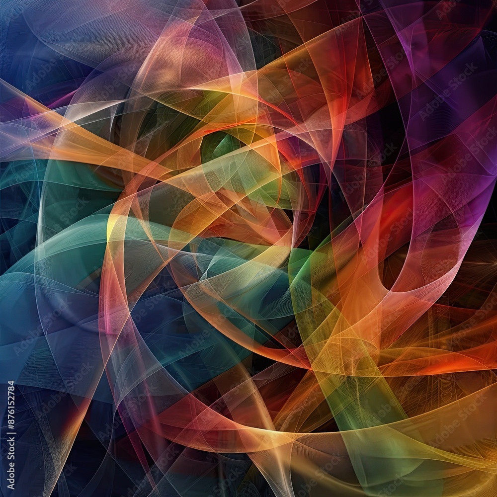 Digital art of overlapping translucent shapes in a rainbow of colors, creating a sense of ...