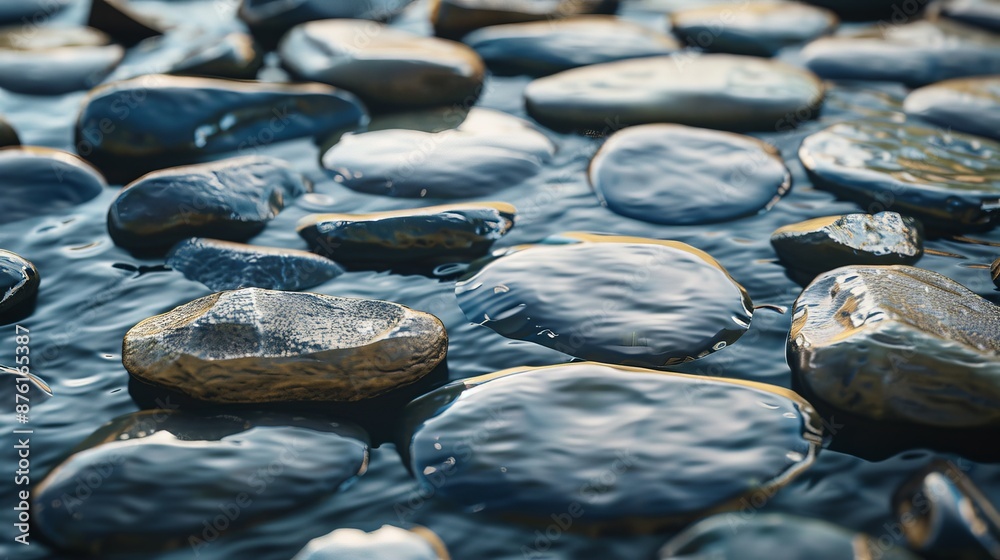 Perfectly round stones floating gently on the moving water surface ...