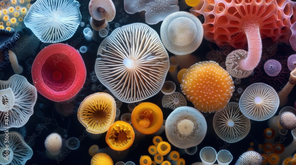 Illustrate a microscopic view of spores from different fungi ...