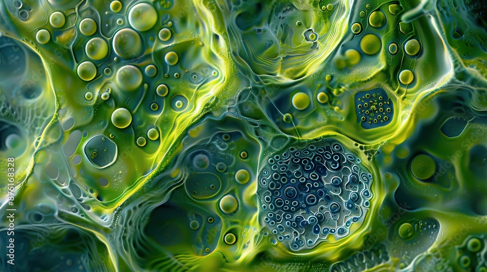 Create a detailed image of algae cells, highlighting their chloroplasts ...