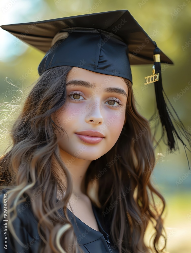 Generate a close-up image of a teenage girl wearing a graduation cap ...