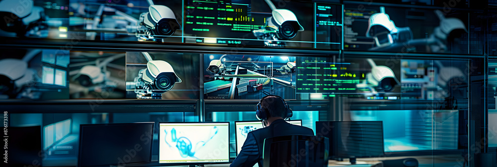 wide banner of security CCTV cameras and guard monitoring screen hud UI ...