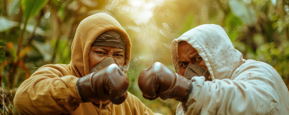 Two Men in Hooded Jackets Square Off in a Dramatic Fight, Ready to ...