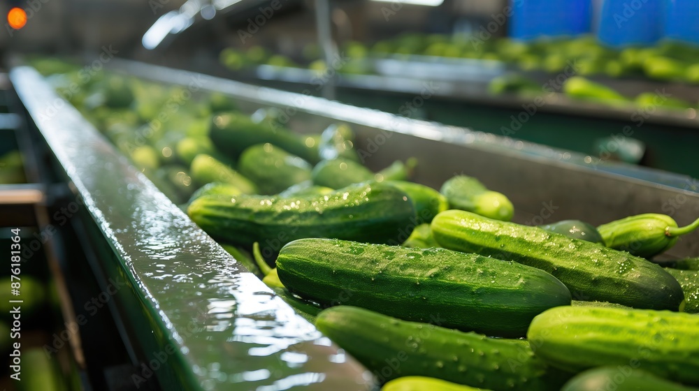 cucumber on conveyor belt rollers or production line, automated ...