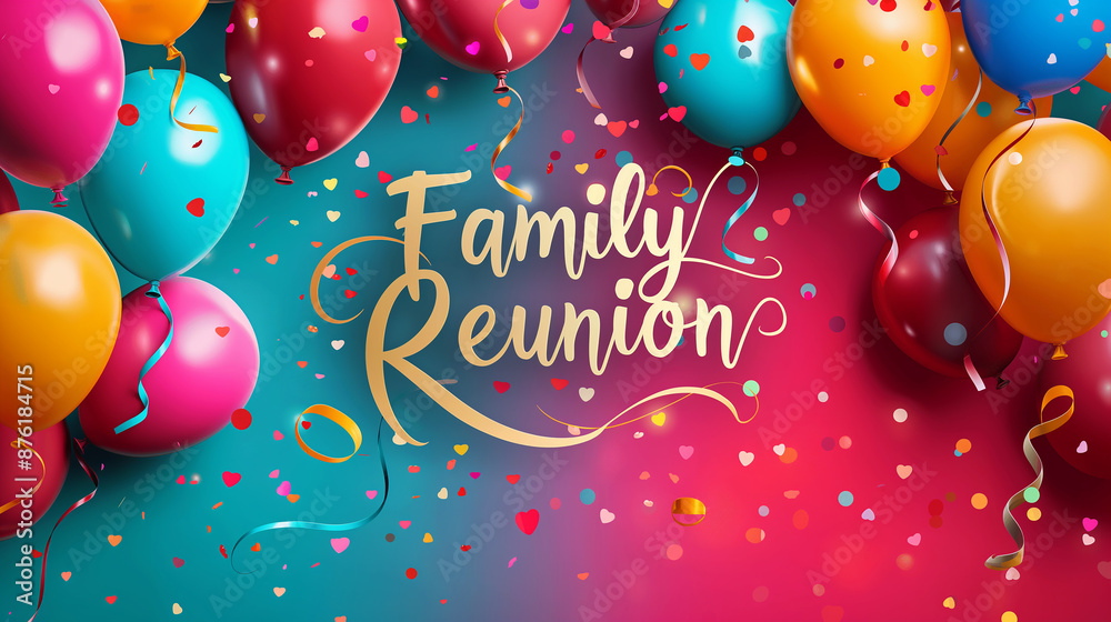 Family reunion celebration banner with colorful balloons and confetti ...