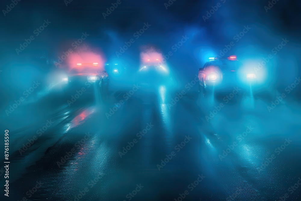 police cars in dramatic pursuit through foggy night streets flashing ...