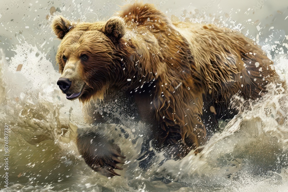 powerful grizzly bear charging through rushing river water spraying ...
