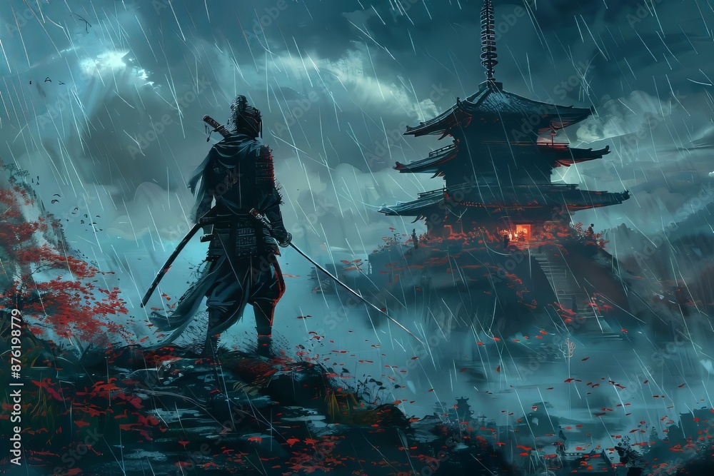 Lone samurai warrior in traditional attire stands on a hilltop ...