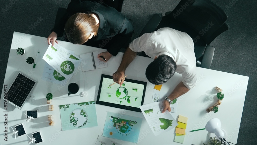 Poster Top down view of business man presenting sustainable idea to ...