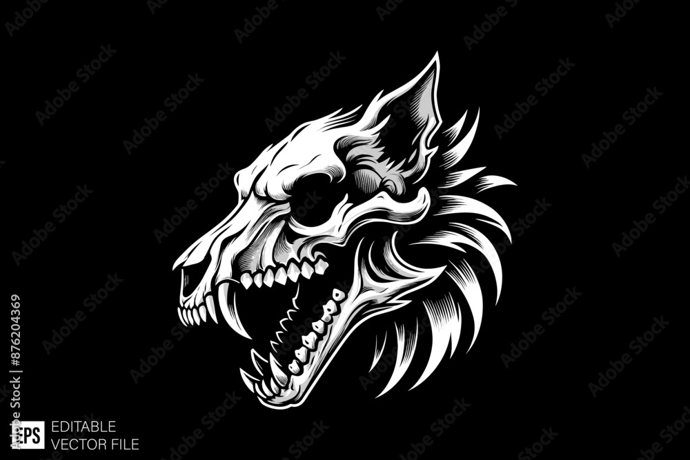wolf skeleton head monster black and white vector clip art silhouette ...