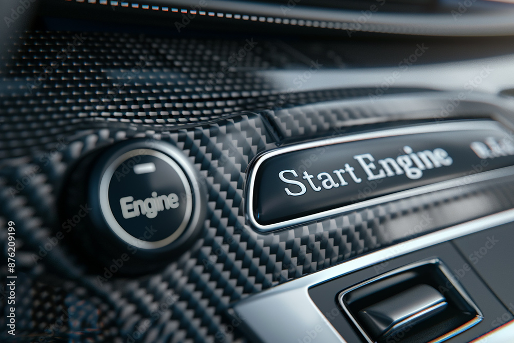 Close-up of a car's start engine button and dashboard with carbon fiber ...