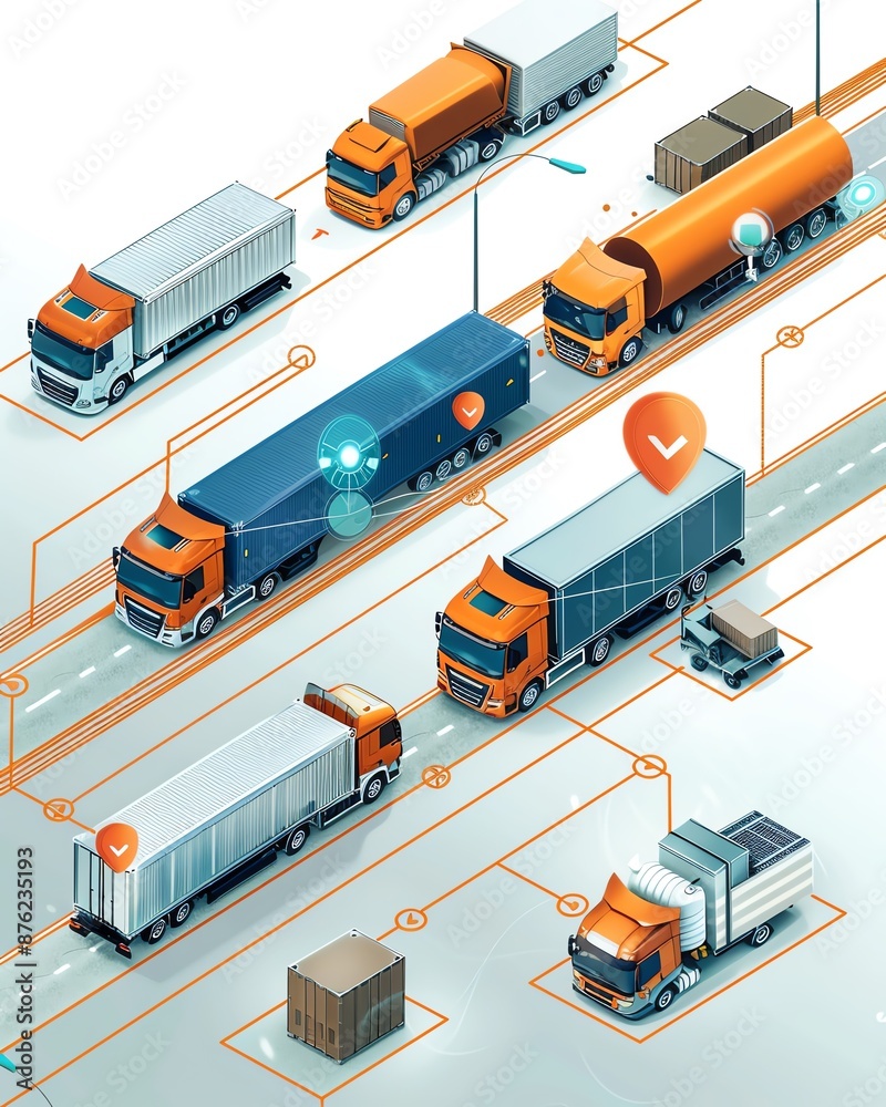 Isometric illustration of a truck fleet with connected delivery routes ...