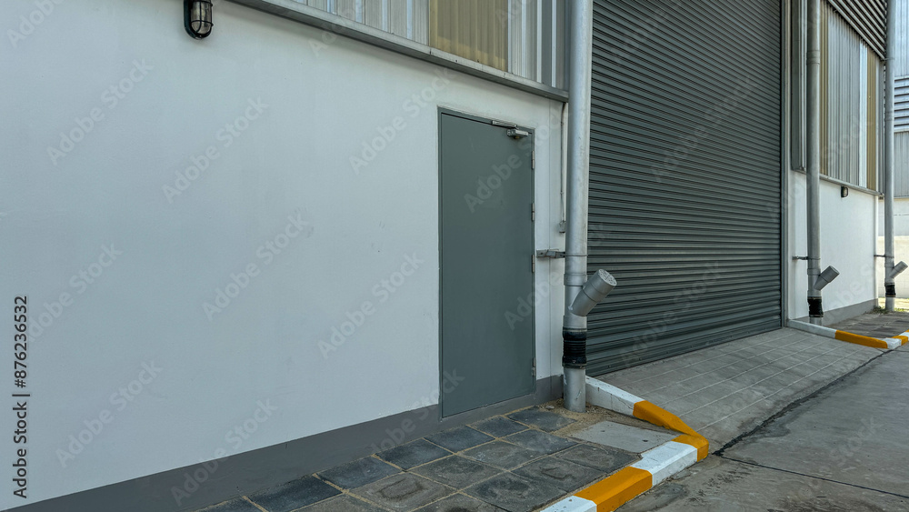 Exterior view of the steel fire exit door and pvc downspout and roller ...