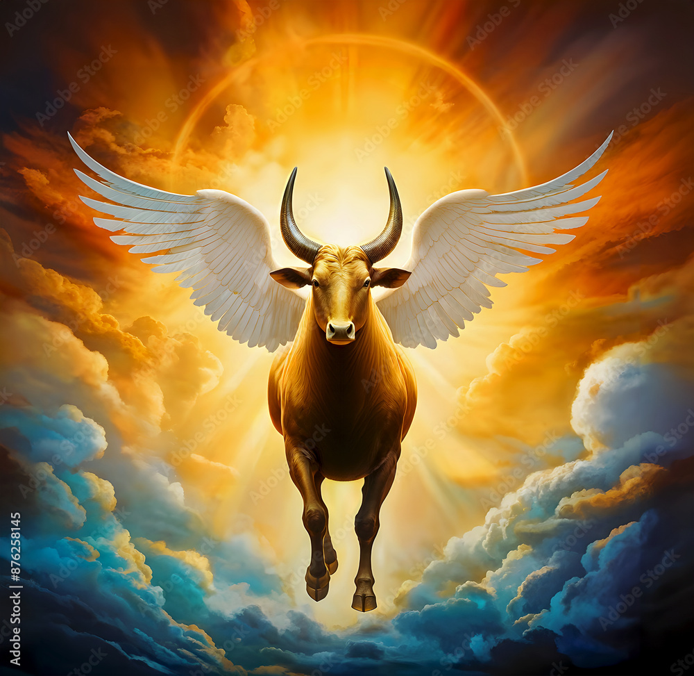 Representation of a winged ox in heaven, symbol of the gospel of the ...