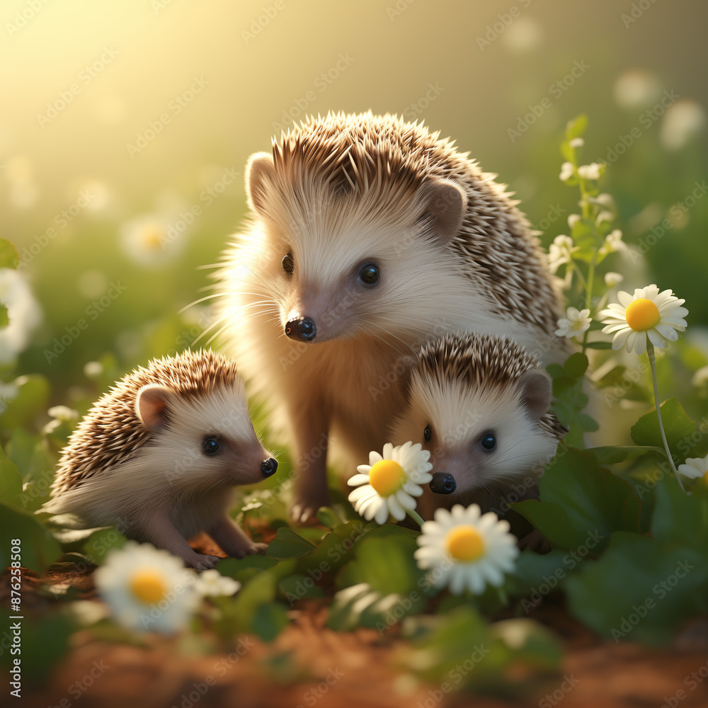 A serene meadow scene featuring a mother hedgehog and her baby hedgehogs nestled together among ...