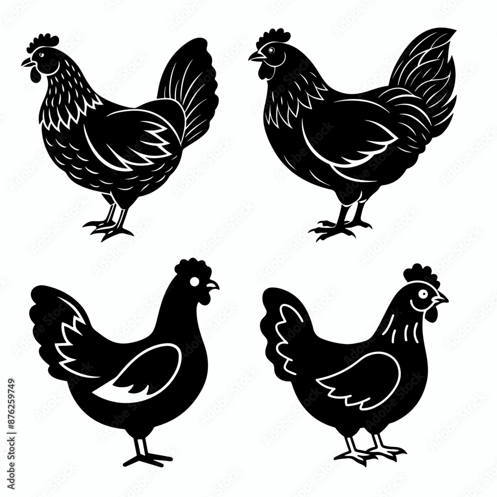 Vetor de Set of hen chicken silhouettes, clipart chicken silhouette set ...