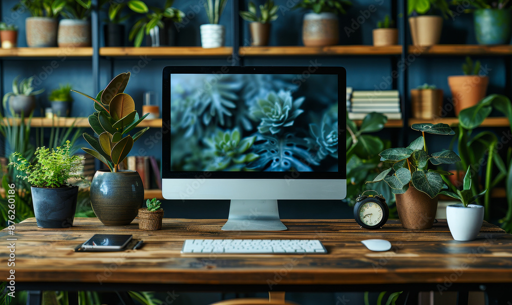 Modern office desk with computer, succulents and plants, stylish ...