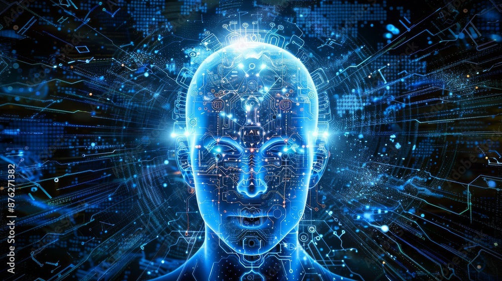 Cybernetic brain interface with digital code and circuits overlaying a human head, depicting ...