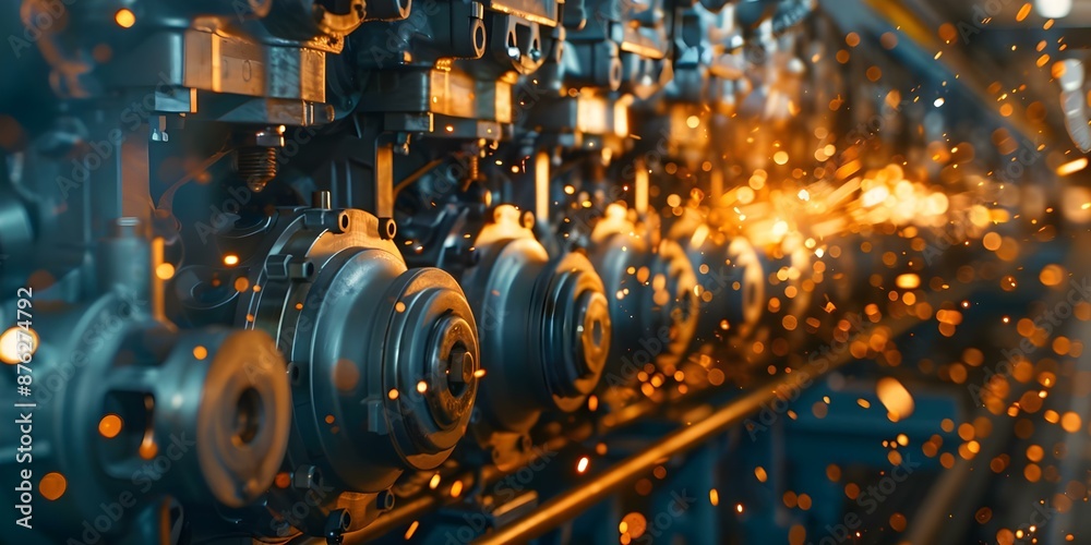 Heavy machinery malfunctioning sparks flying in engine room. Concept ...