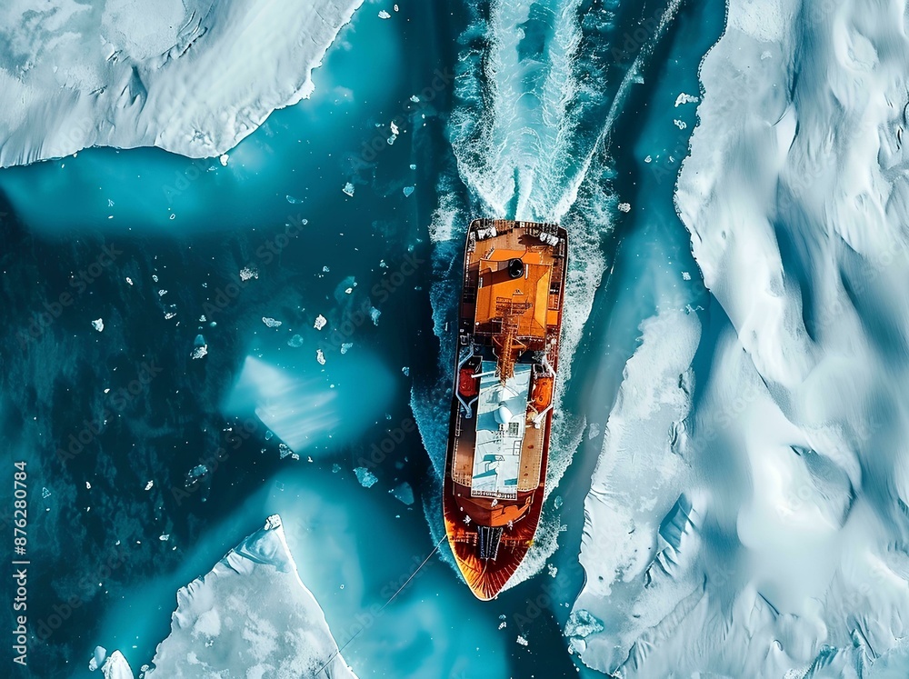 Aerial view of an ice breaker ship in the Arctic ocean, surrounded by ...