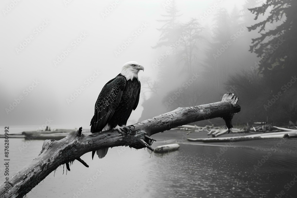 Bald eagle perched on a fallen tree branch at a beach in rainy, misty ...