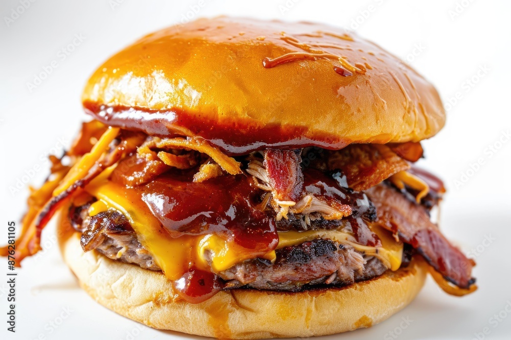 Pulled pork burger with beef patty, crispy onion sticks, melted cheese ...