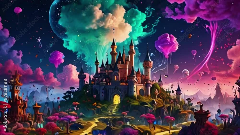 whimsical wonderland filled with floating islands adorned with floating ...