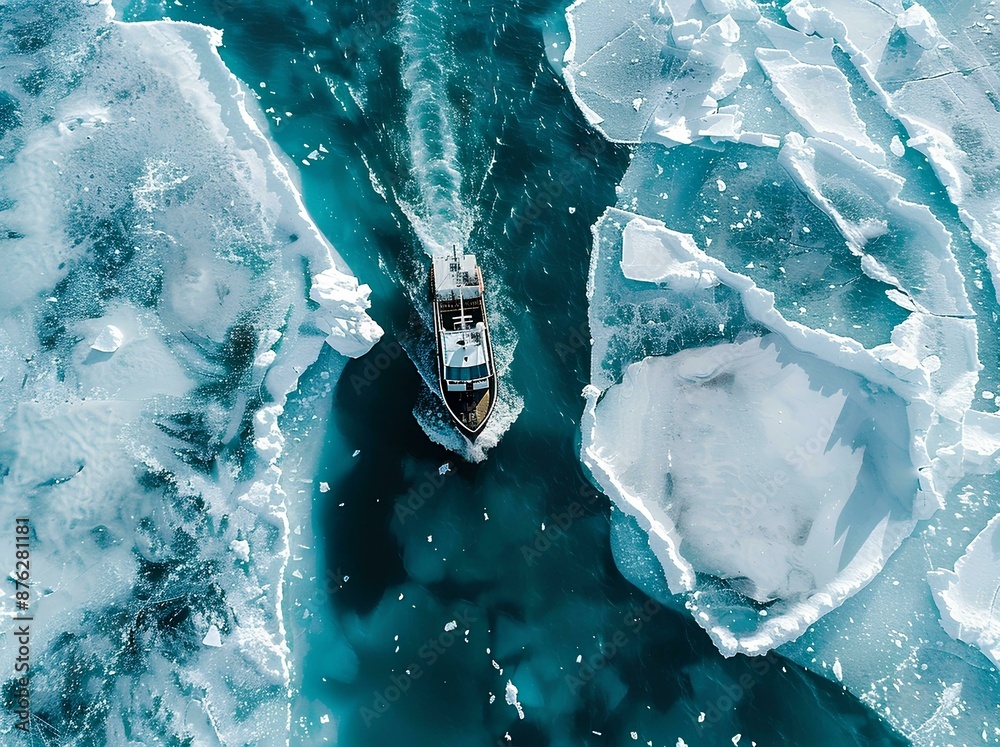 Aerial view of an ice breaker ship in the Arctic ocean, surrounded by ...