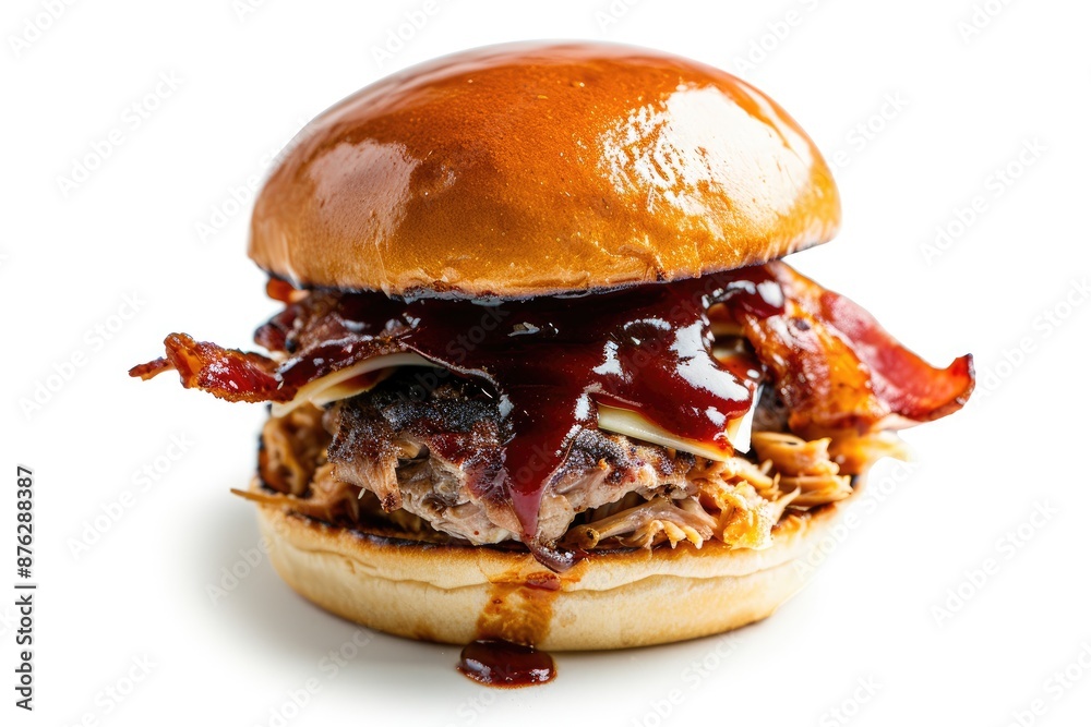 Pulled pork burger with beef patty, cheddar cheese slice, fresh bun ...